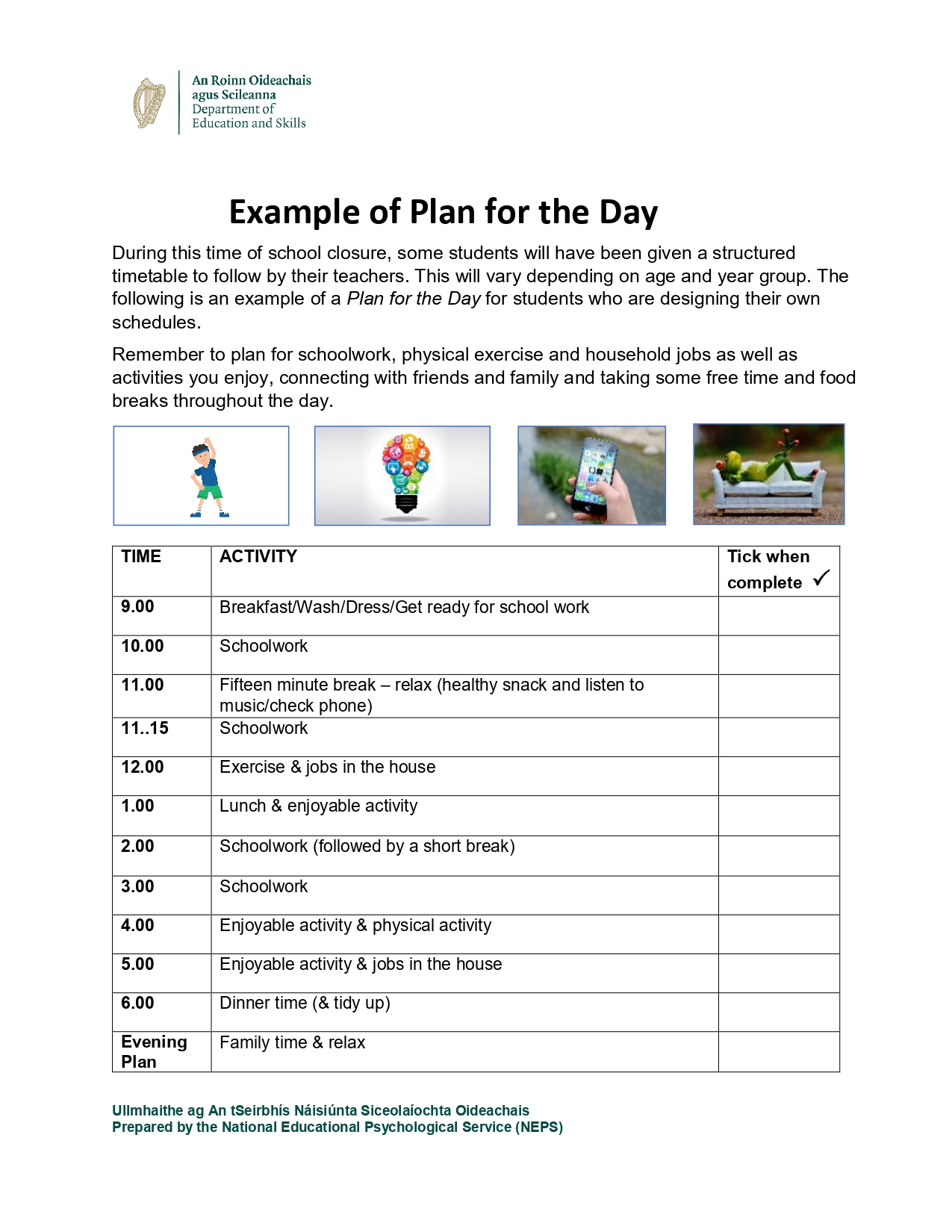 Example plan for the day - New Cross College - Finglas, Dublin 11